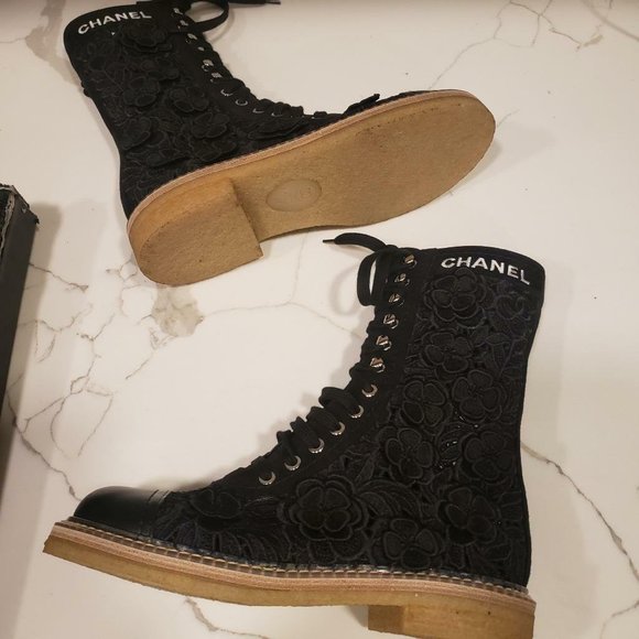 CHANEL | Shoes | Chanel 9s Camellia Flower Embroidered Applique Lace Up ...